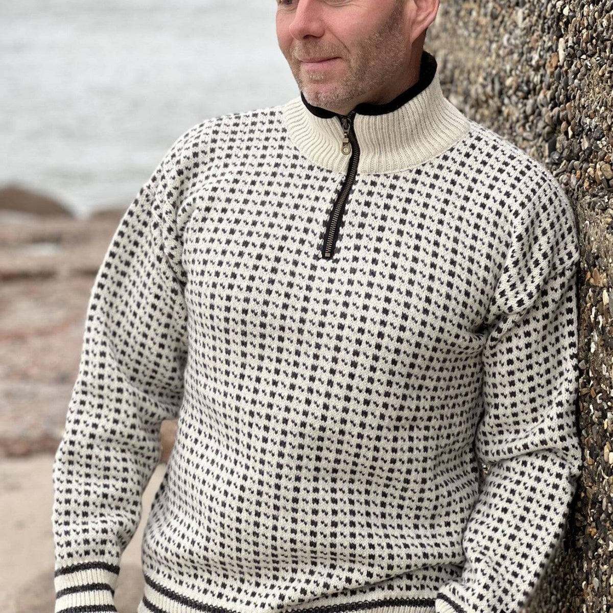 Islandsk Sweater 100% uld m/lynlås - Hvid – Suztain A/S